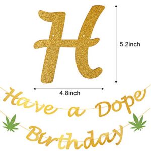 2 Pieces Pot Leaves Birthday Banner Glittery Green Weed Leaves Banner Gold Letter Banner for Birthday Party Decoration Supplies