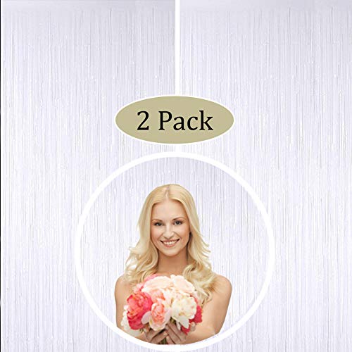 Moohome 2 Pack White Foil Fringe Curtain, Fringe Backdrop Curtains for Birthday Wedding Engagement Bridal Shower Bachelorette Party Decorations