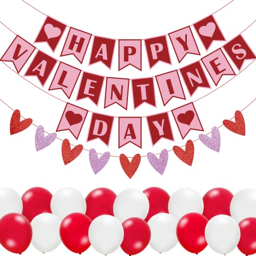 MZ.ogm 40 Pcs Happy Valentines Day Banner for Valentines Day Party Decorations with Valentines Day Balloons and Felt Heart Garland Banner Valentines Day Decorations for The Home