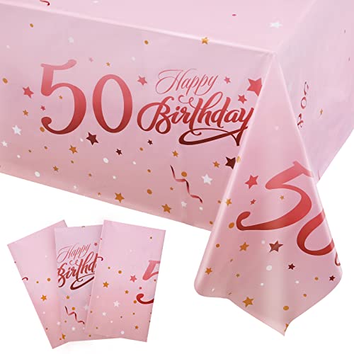 Happy 50th Birthday Tablecloth, 3 Pack 50 and Fabulous Rose Gold Plastic Table Cover for Rectangle Tables Women Fifty Birthday Party Decorations 54x108