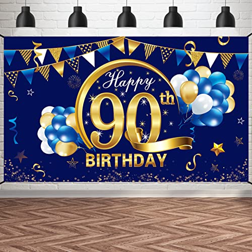 Kauayurk Happy 90th Birthday Banner Decorations for Men - Blue Gold 90 Backdrop Party Supplies Year Old Photo Background Sign Decor, blue 90th