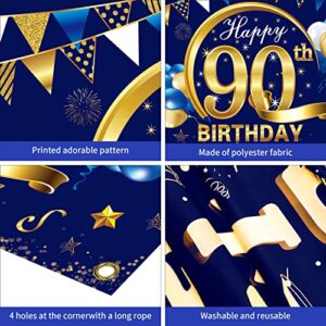 Kauayurk Happy 90th Birthday Banner Decorations for Men - Blue Gold 90 Backdrop Party Supplies Year Old Photo Background Sign Decor, blue 90th