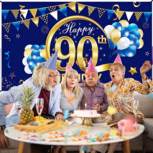 Kauayurk Happy 90th Birthday Banner Decorations for Men - Blue Gold 90 Backdrop Party Supplies Year Old Photo Background Sign Decor, blue 90th