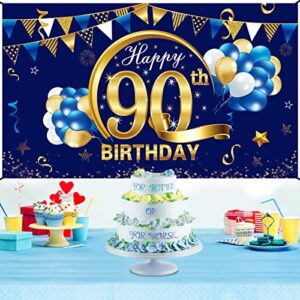 Kauayurk Happy 90th Birthday Banner Decorations for Men - Blue Gold 90 Backdrop Party Supplies Year Old Photo Background Sign Decor, blue 90th