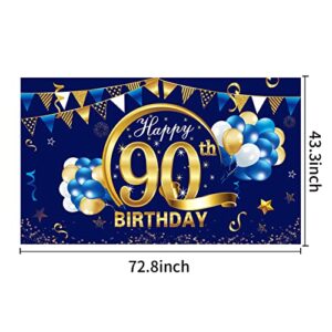 Kauayurk Happy 90th Birthday Banner Decorations for Men - Blue Gold 90 Backdrop Party Supplies Year Old Photo Background Sign Decor, blue 90th