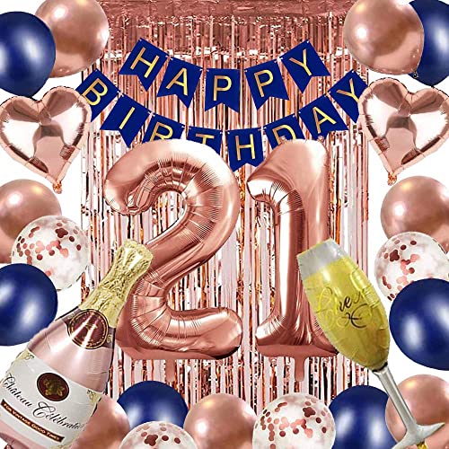 21, 21st Birthday Decorations for Her | Navy Blue Rose Gold Happy 21st Birthday Party Decorations for Her | 21 Number Balloons for 21 Birthday Decor