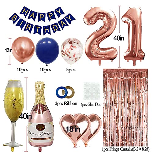 21, 21st Birthday Decorations for Her | Navy Blue Rose Gold Happy 21st Birthday Party Decorations for Her | 21 Number Balloons for 21 Birthday Decor