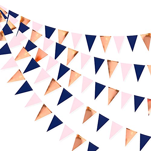 30 Ft Navy Blue Pink Rose Gold Party Decorations Royal Blue Blush Hanging Paper Triangle Flag Pennant Banner Bunting for Bachelorette Engagement Wedding Birthday Gender Reveal Baby Shower Anniversary