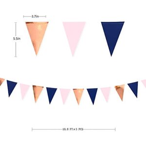 30 Ft Navy Blue Pink Rose Gold Party Decorations Royal Blue Blush Hanging Paper Triangle Flag Pennant Banner Bunting for Bachelorette Engagement Wedding Birthday Gender Reveal Baby Shower Anniversary