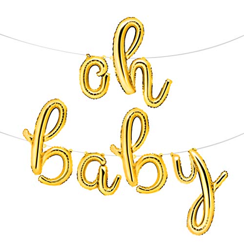 Envizins 16" Gold OH Baby Script Foil Balloons, for Baby Shower Decorations, Girl Gender Reveal, Straw and 32' Roll Ribbon Included