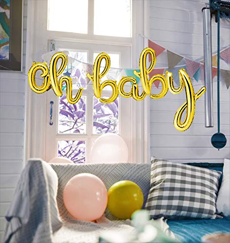 Envizins 16" Gold OH Baby Script Foil Balloons, for Baby Shower Decorations, Girl Gender Reveal, Straw and 32' Roll Ribbon Included