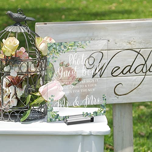 8 x 10 In Wedding Signs for Ceremony and Reception Wedding Photo Booth Sign Guest Sign in Book Clear Acrylic Wedding Sign Wedding Welcome Sign with Base Eucalyptus Leaves Guestbook Message Decoration