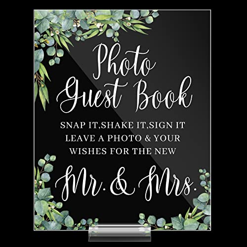 8 x 10 In Wedding Signs for Ceremony and Reception Wedding Photo Booth Sign Guest Sign in Book Clear Acrylic Wedding Sign Wedding Welcome Sign with Base Eucalyptus Leaves Guestbook Message Decoration