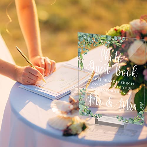 8 x 10 In Wedding Signs for Ceremony and Reception Wedding Photo Booth Sign Guest Sign in Book Clear Acrylic Wedding Sign Wedding Welcome Sign with Base Eucalyptus Leaves Guestbook Message Decoration