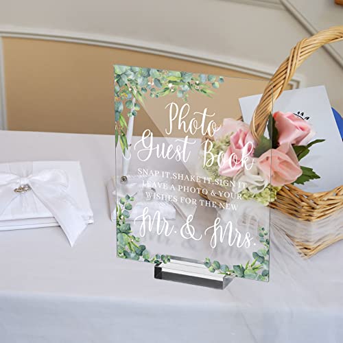 8 x 10 In Wedding Signs for Ceremony and Reception Wedding Photo Booth Sign Guest Sign in Book Clear Acrylic Wedding Sign Wedding Welcome Sign with Base Eucalyptus Leaves Guestbook Message Decoration