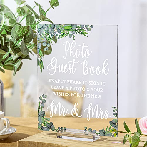 8 x 10 In Wedding Signs for Ceremony and Reception Wedding Photo Booth Sign Guest Sign in Book Clear Acrylic Wedding Sign Wedding Welcome Sign with Base Eucalyptus Leaves Guestbook Message Decoration