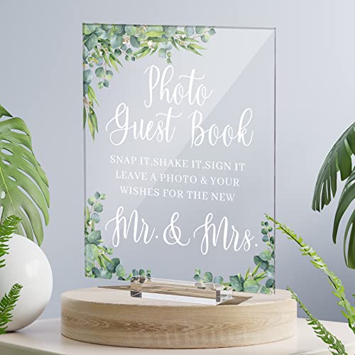 8 x 10 In Wedding Signs for Ceremony and Reception Wedding Photo Booth Sign Guest Sign in Book Clear Acrylic Wedding Sign Wedding Welcome Sign with Base Eucalyptus Leaves Guestbook Message Decoration