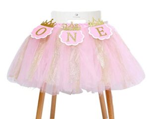 tutu highchair banner for 1st birthday – princess 1st birthday party,pink tutu skirt photo booth props and backdrop cake smash, best princess birthday party supplies for baby girl