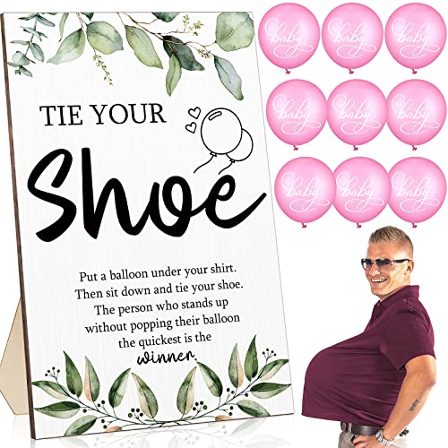 51 Pcs Tie Your Shoe Baby Shower Game Sign Wooden Baby Shower Sign Greenery Baby Gift Sets Gender Reveal Party Favors 50 Pink Balloons Baby Latex Balloons for Baby Shower Game Supplies