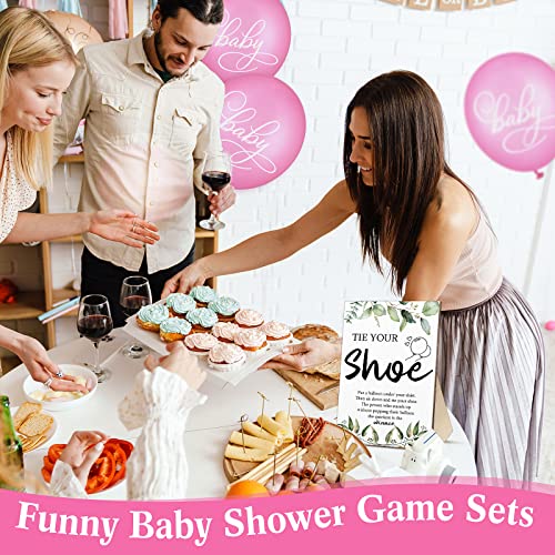 51 Pcs Tie Your Shoe Baby Shower Game Sign Wooden Baby Shower Sign Greenery Baby Gift Sets Gender Reveal Party Favors 50 Pink Balloons Baby Latex Balloons for Baby Shower Game Supplies