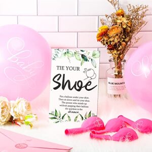 51 Pcs Tie Your Shoe Baby Shower Game Sign Wooden Baby Shower Sign Greenery Baby Gift Sets Gender Reveal Party Favors 50 Pink Balloons Baby Latex Balloons for Baby Shower Game Supplies