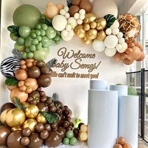 134pcs safari jungle balloon garland arch kit- sage olive green and brown balloons for wild one dinosaur theme party supplies with animal print and metallic gold ivory tan balloons for boy girl lion king first bithday woodland baby shower wedding graduati