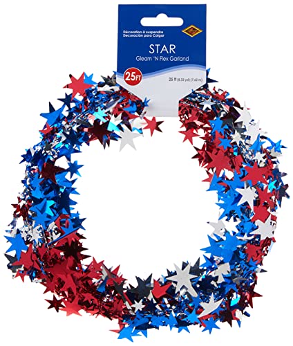 Beistle Gleam 'N Flex Star Garland, 25-Feet, Red/Silver/Blue