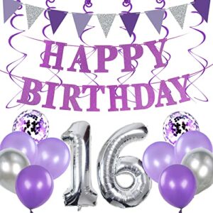 cooshine 16th birthday party decorations for girls purple and silver, light purple lavender party decoration with happy birthday banner trianguler pennants latex confetti balloons