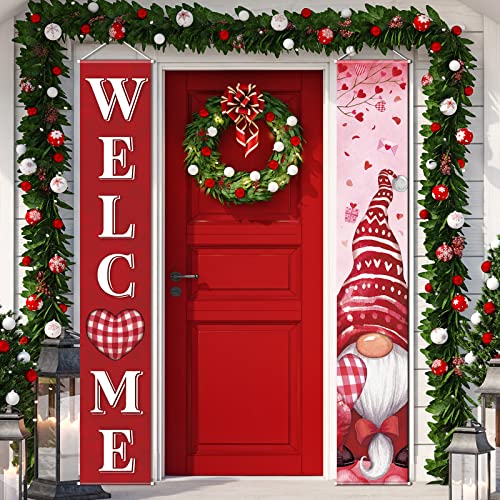 Welcome Valentine Porch Banners Gnome Love Door Banner with Love Gnome Leaves Gift Box Pattern Valentine's Hanging Banners Valentine Home Decors for Valentine Home Indoor Outdoor Supplies (Love Theme)