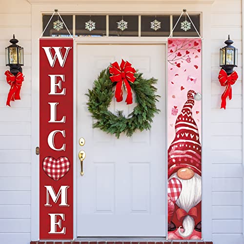 Welcome Valentine Porch Banners Gnome Love Door Banner with Love Gnome Leaves Gift Box Pattern Valentine's Hanging Banners Valentine Home Decors for Valentine Home Indoor Outdoor Supplies (Love Theme)