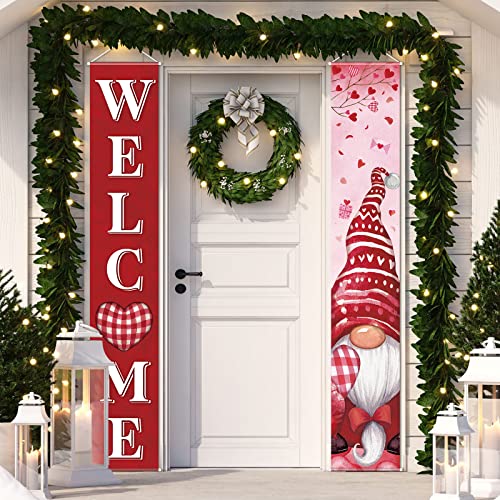 Welcome Valentine Porch Banners Gnome Love Door Banner with Love Gnome Leaves Gift Box Pattern Valentine's Hanging Banners Valentine Home Decors for Valentine Home Indoor Outdoor Supplies (Love Theme)