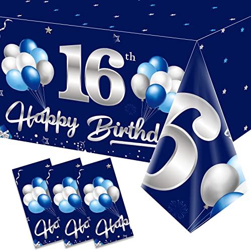 3 Pack Blue Silver 16th Birthday Tablecloth Decoration for Boy, Navy Blue Happy 16 Table Cover Party Supplies, Sixteen Years Old Birthday Disposable Rectangular Table Cloth Decor for Indoor Outdoor