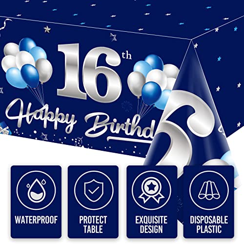 3 Pack Blue Silver 16th Birthday Tablecloth Decoration for Boy, Navy Blue Happy 16 Table Cover Party Supplies, Sixteen Years Old Birthday Disposable Rectangular Table Cloth Decor for Indoor Outdoor