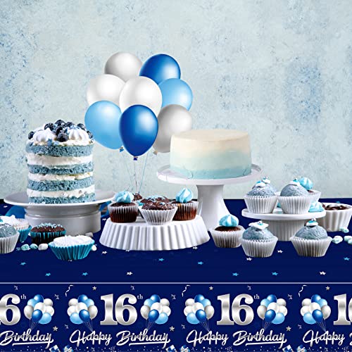 3 Pack Blue Silver 16th Birthday Tablecloth Decoration for Boy, Navy Blue Happy 16 Table Cover Party Supplies, Sixteen Years Old Birthday Disposable Rectangular Table Cloth Decor for Indoor Outdoor