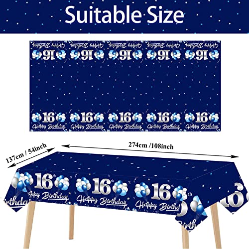 3 Pack Blue Silver 16th Birthday Tablecloth Decoration for Boy, Navy Blue Happy 16 Table Cover Party Supplies, Sixteen Years Old Birthday Disposable Rectangular Table Cloth Decor for Indoor Outdoor