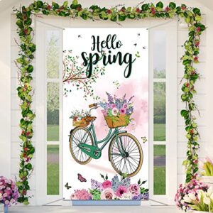 hello winter welcome porch sign door cover banner winter party decoration backdrop floral bike banner large seasonal door banner background door cover, 70.8 x 35 inch (spring style)