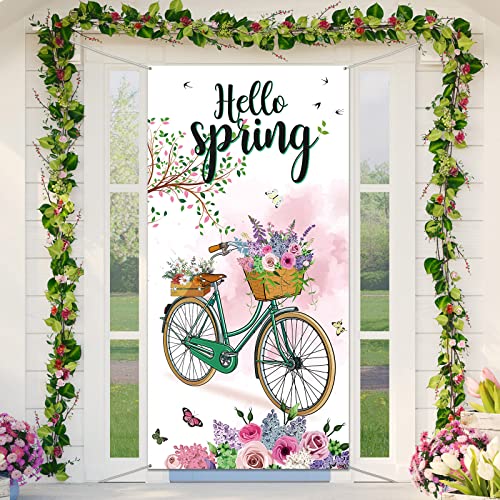 Hello Winter Welcome Porch Sign Door Cover Banner Winter Party Decoration Backdrop Floral Bike Banner Large Seasonal Door Banner Background Door Cover, 70.8 x 35 Inch (Spring Style)