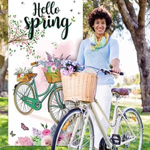 Hello Winter Welcome Porch Sign Door Cover Banner Winter Party Decoration Backdrop Floral Bike Banner Large Seasonal Door Banner Background Door Cover, 70.8 x 35 Inch (Spring Style)