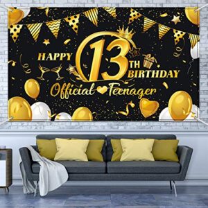 13th Birthday Black Gold Party Decoration, Extra Large Fabric Sign Poster Happy 13th Birthday Party Supplies, Official Teenager 13th Anniversary Backdrop Banner Photo Booth Background