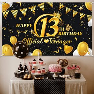 13th Birthday Black Gold Party Decoration, Extra Large Fabric Sign Poster Happy 13th Birthday Party Supplies, Official Teenager 13th Anniversary Backdrop Banner Photo Booth Background