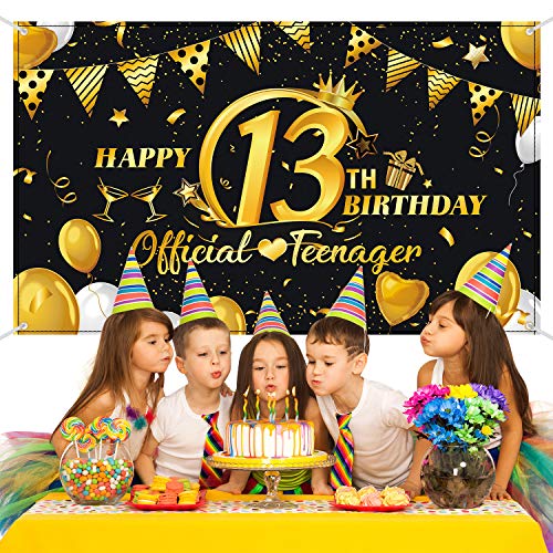 13th Birthday Black Gold Party Decoration, Extra Large Fabric Sign Poster Happy 13th Birthday Party Supplies, Official Teenager 13th Anniversary Backdrop Banner Photo Booth Background