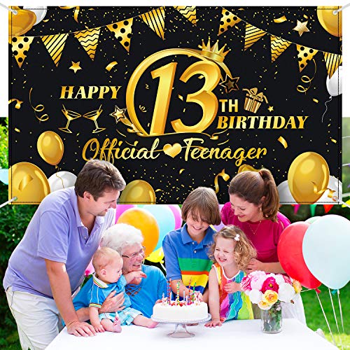 13th Birthday Black Gold Party Decoration, Extra Large Fabric Sign Poster Happy 13th Birthday Party Supplies, Official Teenager 13th Anniversary Backdrop Banner Photo Booth Background