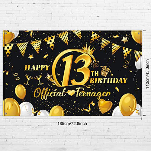 13th Birthday Black Gold Party Decoration, Extra Large Fabric Sign Poster Happy 13th Birthday Party Supplies, Official Teenager 13th Anniversary Backdrop Banner Photo Booth Background