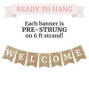 Pre-Strung Welcome Banner - NO DIY - Gold Glitter Welcome Banner - Pre-Strung on 6 ft Strand - Classroom, Office, Front Door, Baby & Bridal Showers Party Decorations & Decor. Did we mention no DIY?