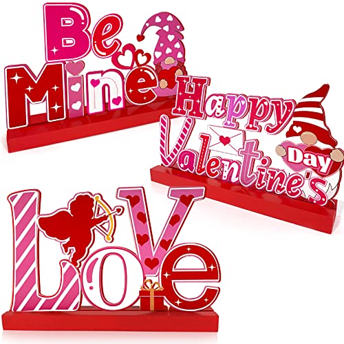 TURNMEON 3 Pcs Valentine's Day Table Sign Valentines Decor Love Be Mine Cupid Happy Valentines Table Centerpiece Romantic Wooden Valentines Decorations for Home Office Indoor Wedding Dinner Party