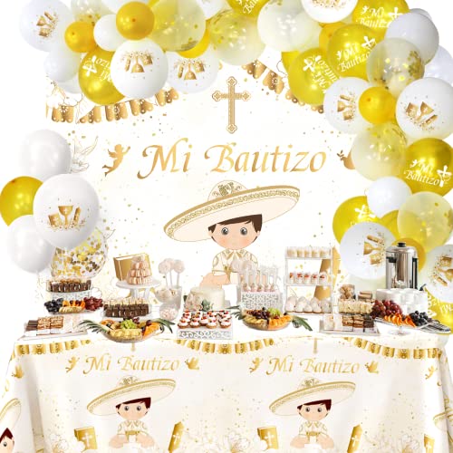 57Pcs Mi Bautizo Banner Backdrop Balloons Arch Garland Tablecloth Kit for He God Bless Baby Boy Baptism Party Decorations First Communion Decor Christening Celebration Accessories Gender Photo Background