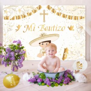 57Pcs Mi Bautizo Banner Backdrop Balloons Arch Garland Tablecloth Kit for He God Bless Baby Boy Baptism Party Decorations First Communion Decor Christening Celebration Accessories Gender Photo Background