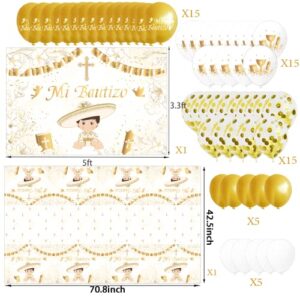 57Pcs Mi Bautizo Banner Backdrop Balloons Arch Garland Tablecloth Kit for He God Bless Baby Boy Baptism Party Decorations First Communion Decor Christening Celebration Accessories Gender Photo Background