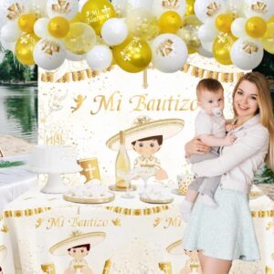 57Pcs Mi Bautizo Banner Backdrop Balloons Arch Garland Tablecloth Kit for He God Bless Baby Boy Baptism Party Decorations First Communion Decor Christening Celebration Accessories Gender Photo Background