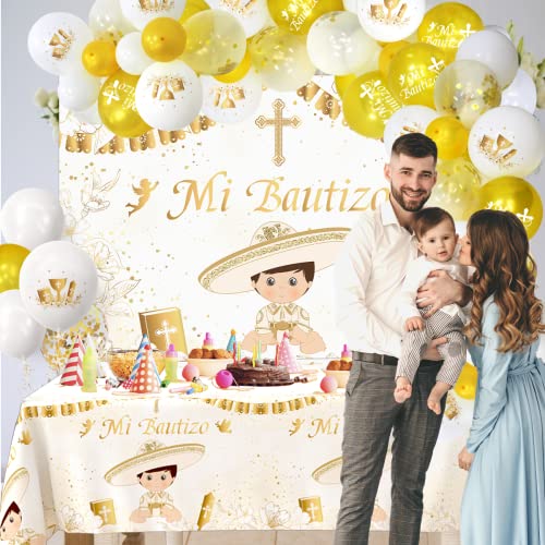 57Pcs Mi Bautizo Banner Backdrop Balloons Arch Garland Tablecloth Kit for He God Bless Baby Boy Baptism Party Decorations First Communion Decor Christening Celebration Accessories Gender Photo Background